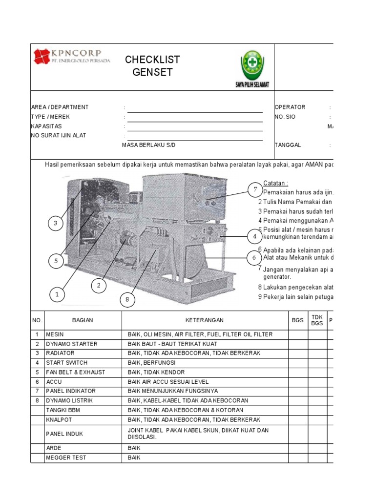 Generator Inspection Checklist | PDF Generator Inspection Checklist | PDF