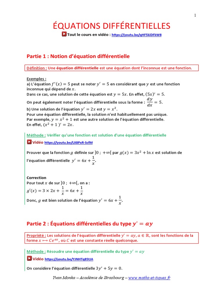 Équations Différentielles par Yvan Monka | PDF | Équations | Fonction ...
