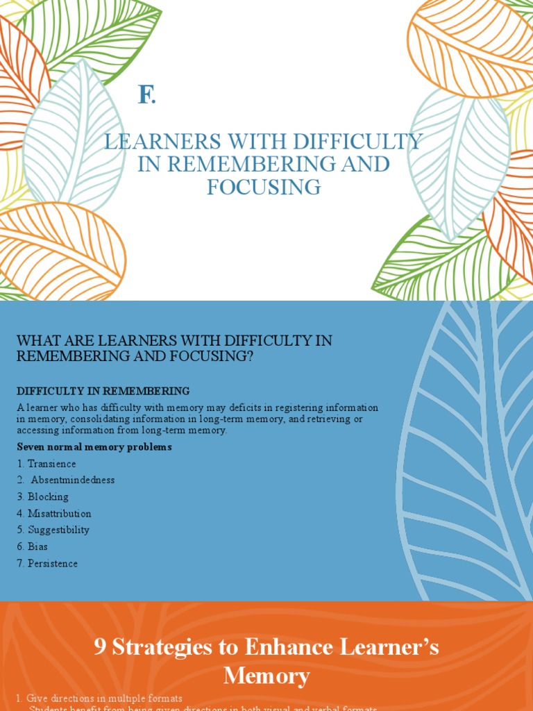 Learners With Difficulty in Remembering and Focusing | PDF | Attention Deficit Hyperactivity ...