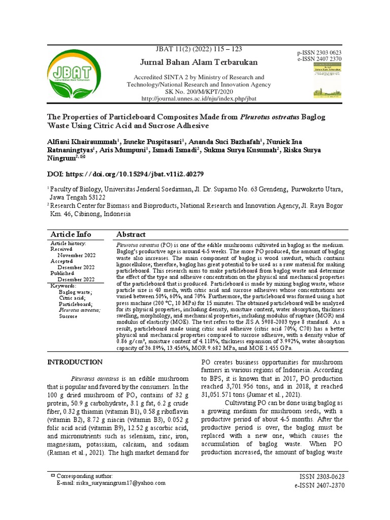 The Properties of Particleboard Composites Made From Pleurotus ...