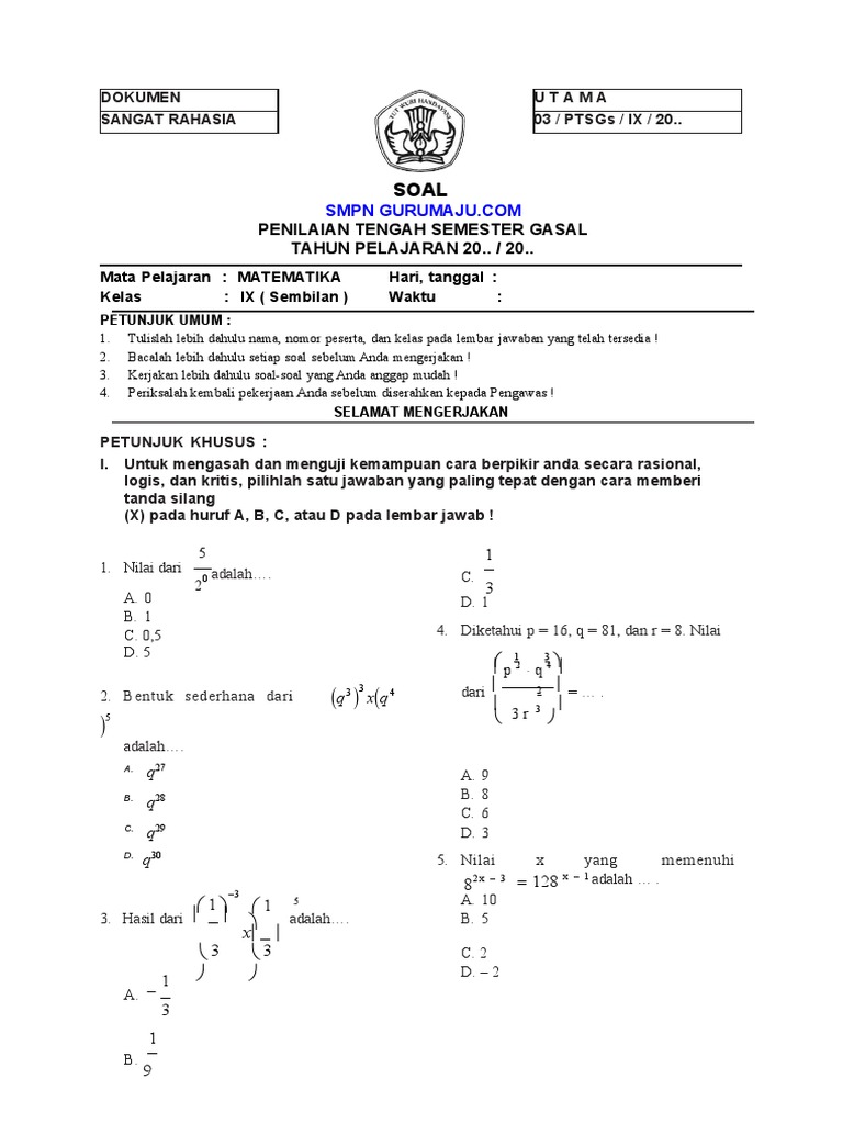 Soal PTS 1 MTK Kelas IX K13 | PDF