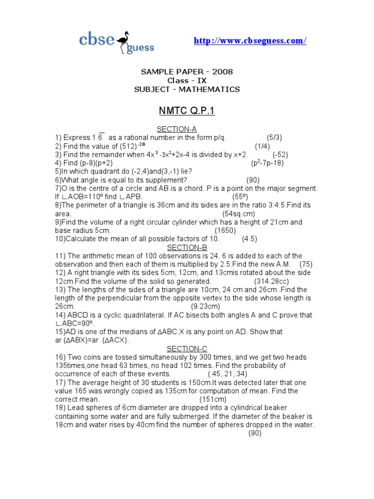NMTC Q.P.1: Sample Paper - 2008 Class - IX Subject - Mathematics ...