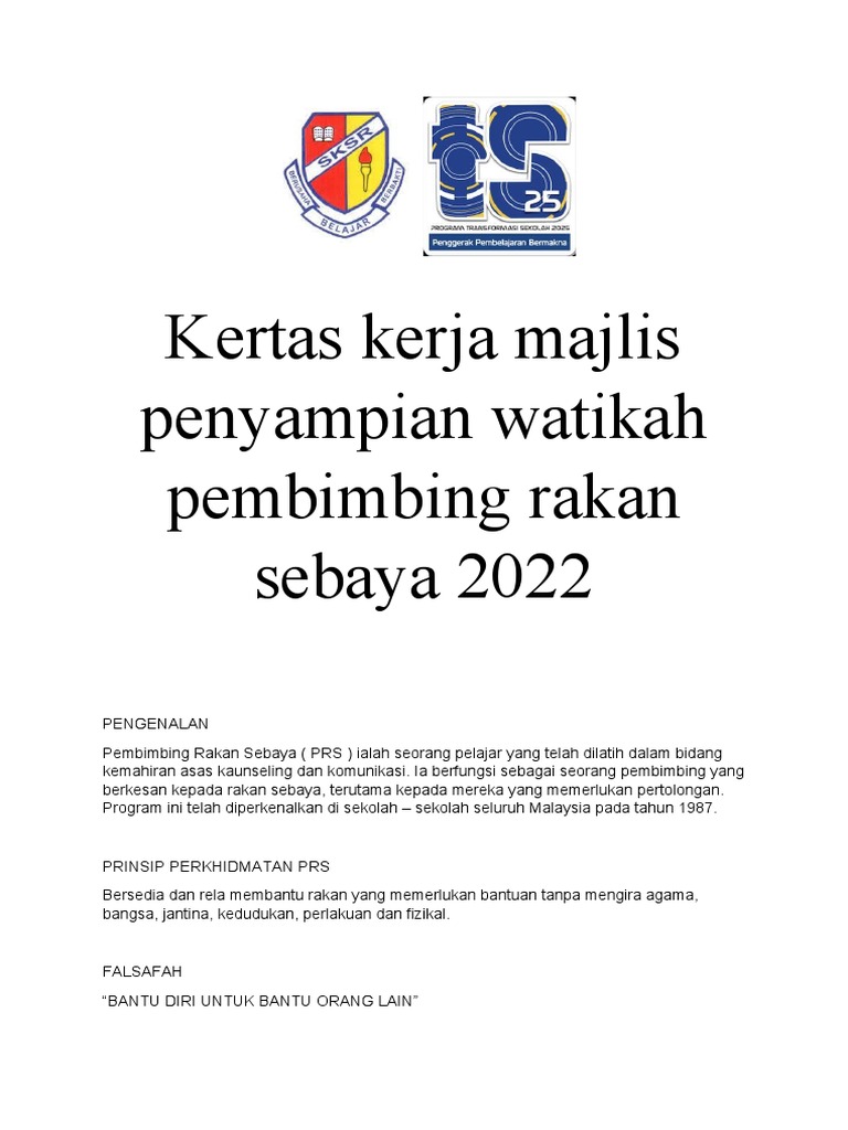 Kertas Kerja Majlis Penyampian Watikah Pembimbing Rakan Sebaya 2022 | PDF
