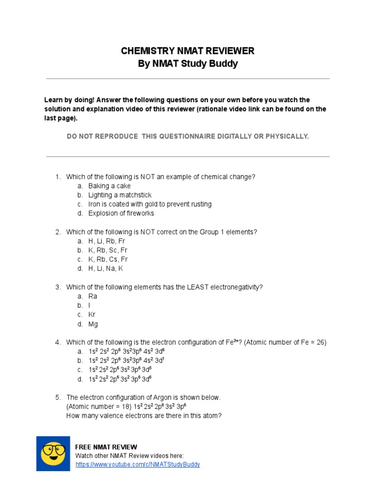 Chemistry NMAT Questionnaire by NMAT Study Buddy | PDF | Gases ...