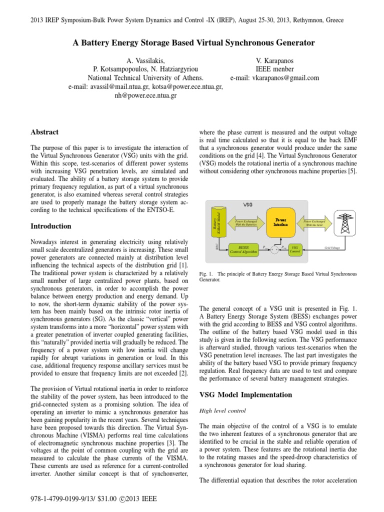 A Battery Energy Storage Based Virtual Synchronous Generator | PDF | Electric Generator ...