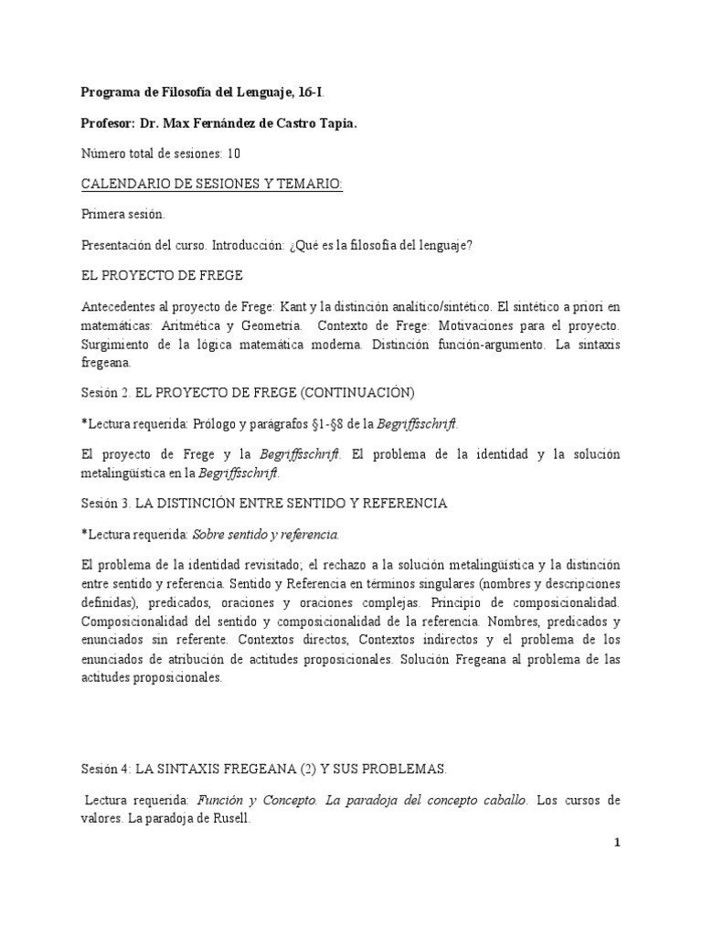 Programa de Filosofía Del Lenguaje | PDF | Gottlob Frege | Bertrand Russell