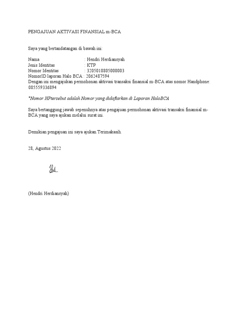 Surat Permohonan Aktivasi Finansial M BCA Melalui Halo BCA 2022 | PDF