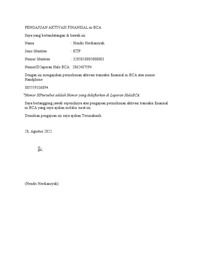 Surat Permohonan Aktivasi Finansial M BCA Melalui Halo BCA - 2022 | PDF ...