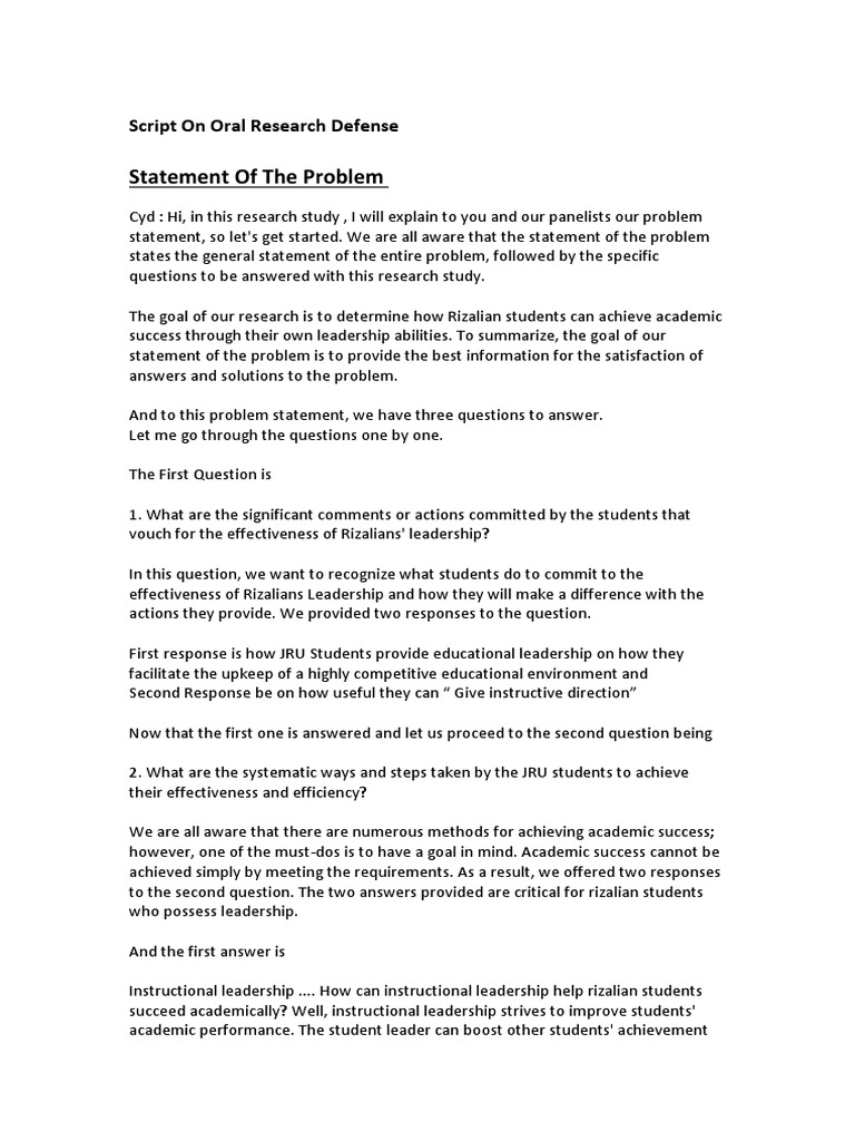 Script On Oral Research Defense | PDF | Leadership | Cognition