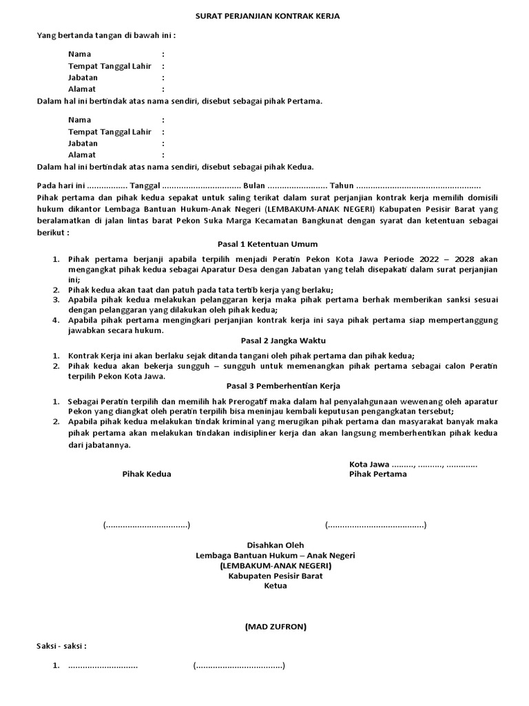 Surat Perjanjian Kontrak Kerja Pdf