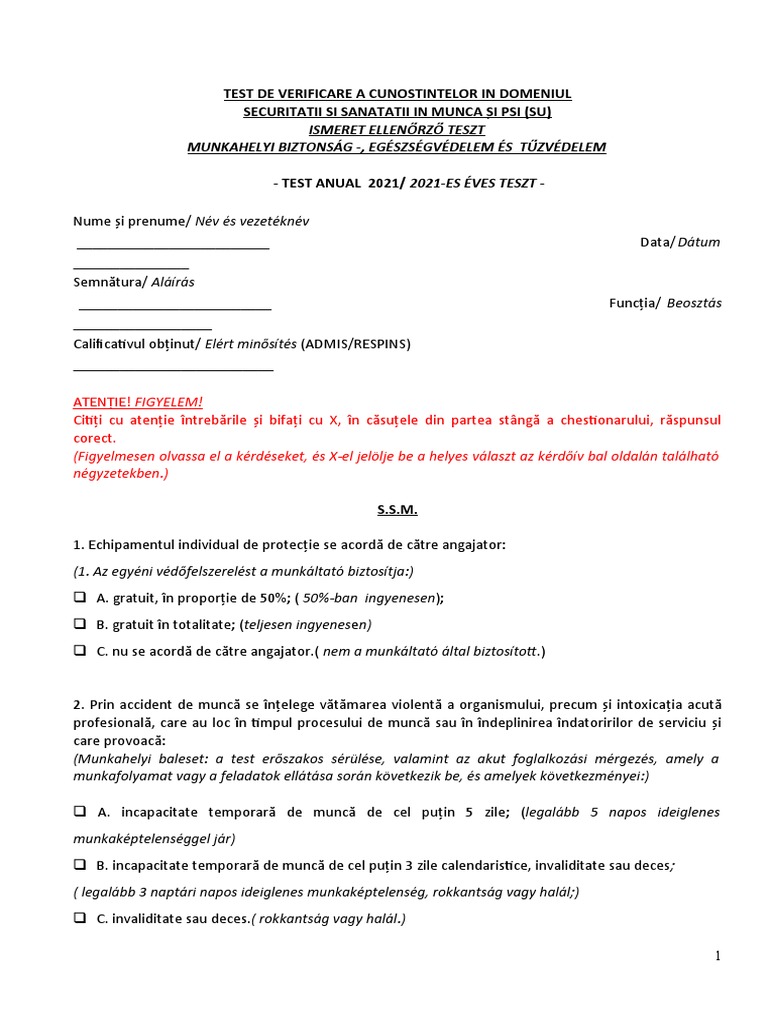 Test de Verificare A Cunostintelor in Domeniul SSM Psi Ro Hu | PDF