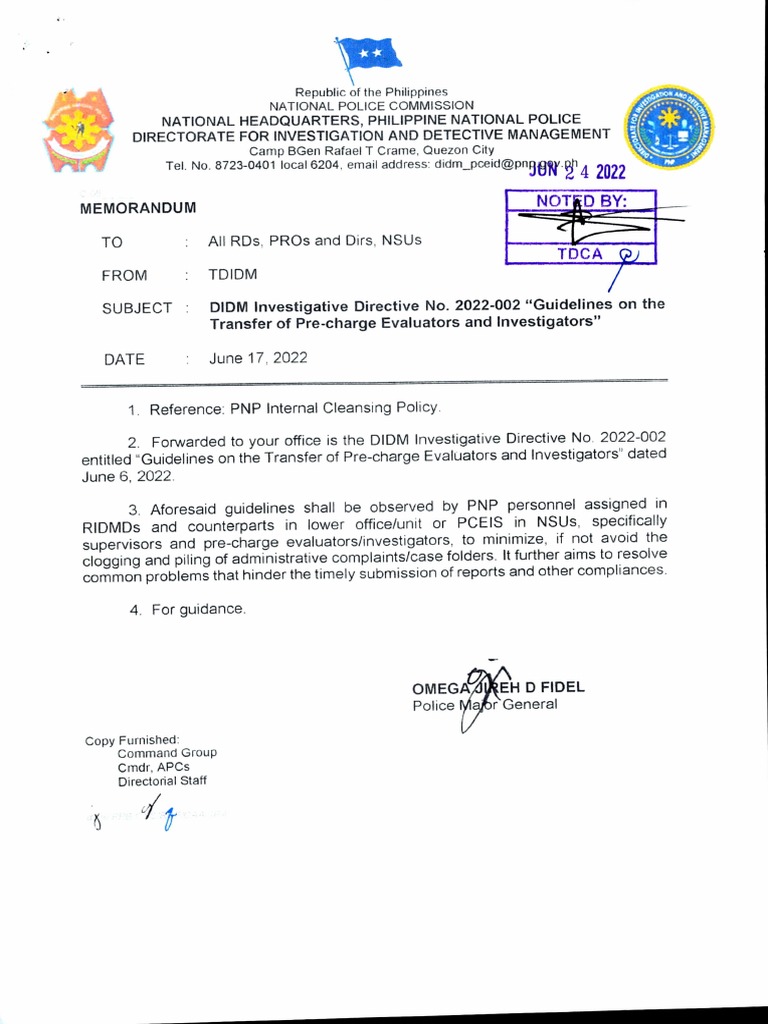 DIDM Investigative Directive No 2022-002 Guidlines On The Transfer of ...
