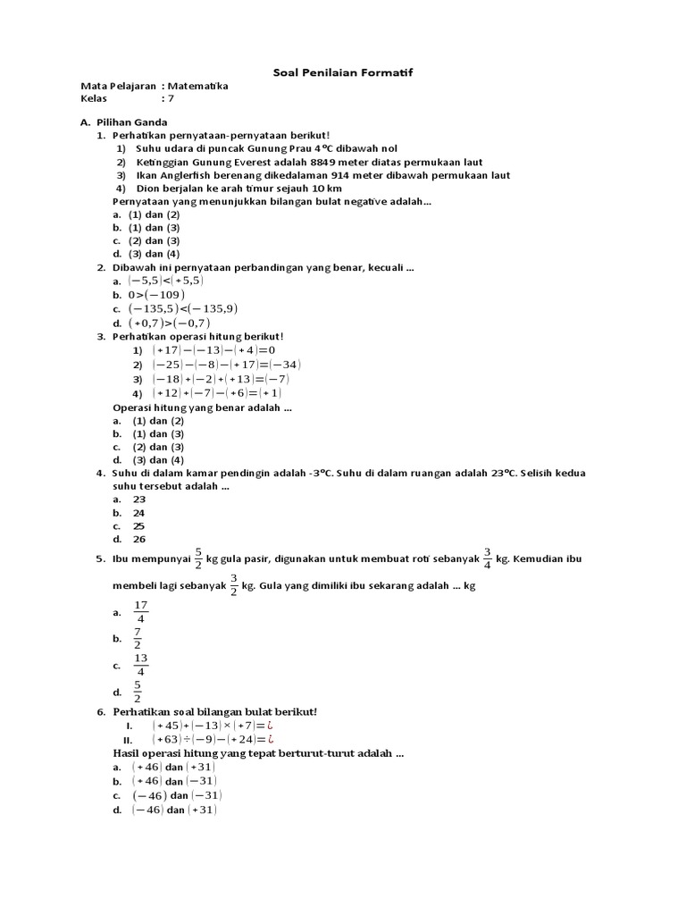 Soal Penilaian Formatif Matematika Kelas 7 | PDF | Metode & Bahan Ajar