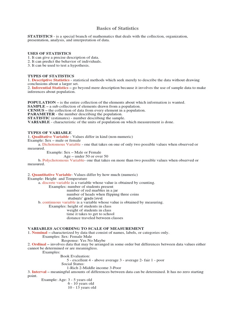 Basics of Statistics: Descriptive Statistics Inferential Statistics | PDF | Statistics | Mean