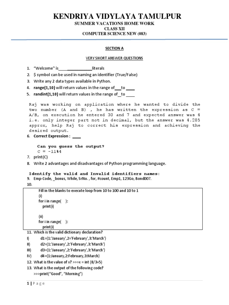 Class 12 CS Homework | PDF | Python (Programming Language) | Computer Science