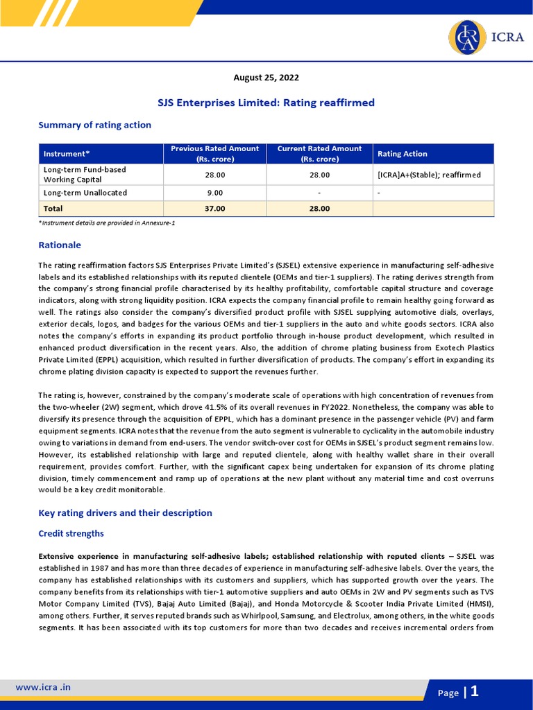 SJS Enterprises Limited | PDF | Equity (Finance) | Credit Rating Agency