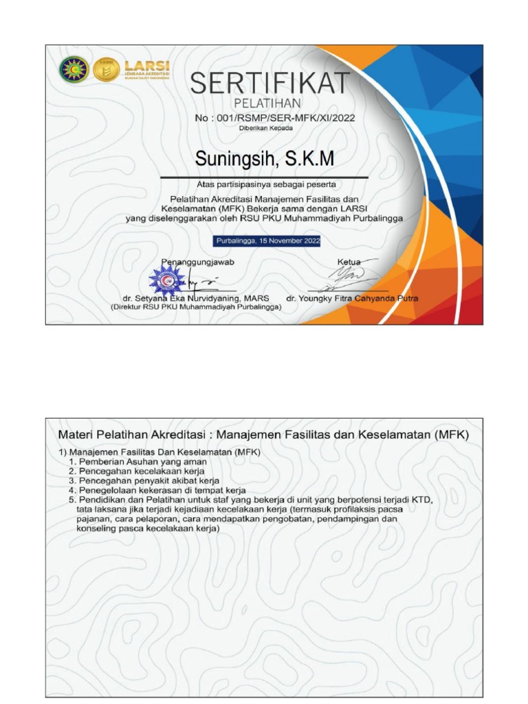 SERTIFIKAT MFK 2 - NAMA - Suningsih | PDF