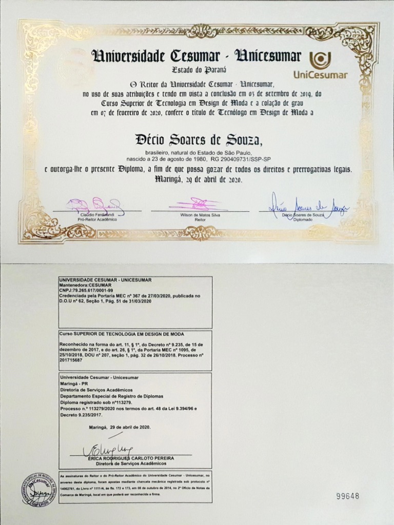 Diploma de Design de Moda Unicesumar | PDF | Estágios educacionais ...