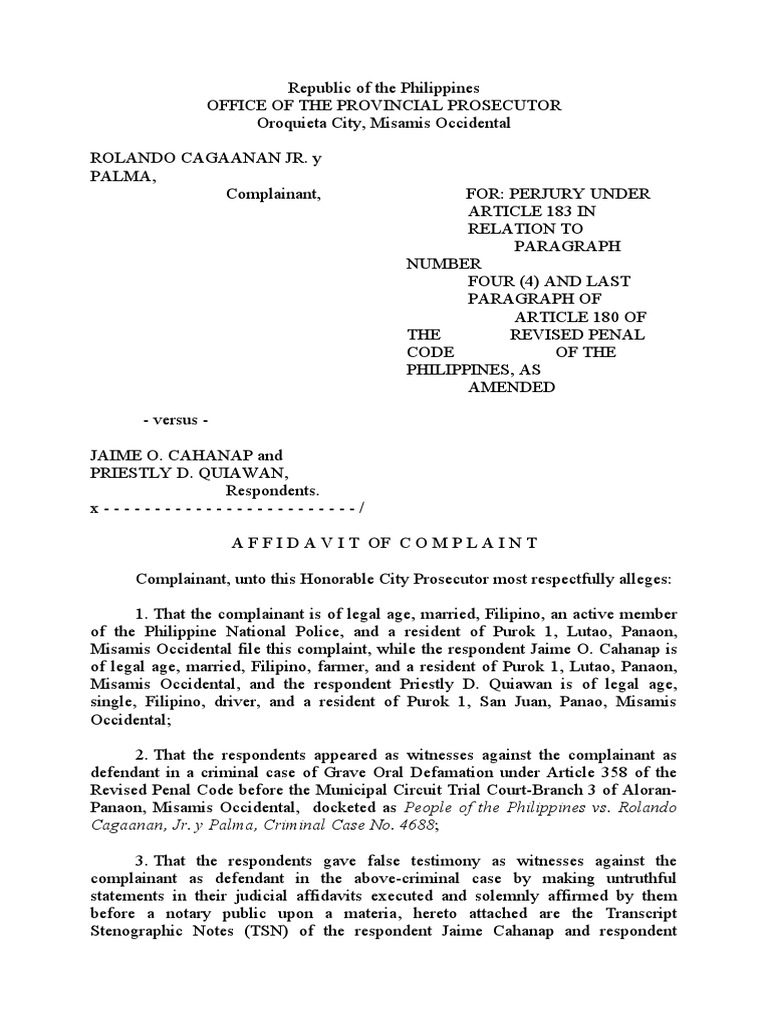 Perjury Complaint Affidavit Submission | PDF | Perjury | Affidavit
