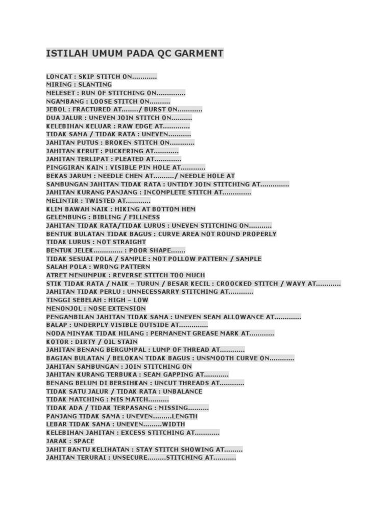 Istilah Umum Pada QC Garment | PDF