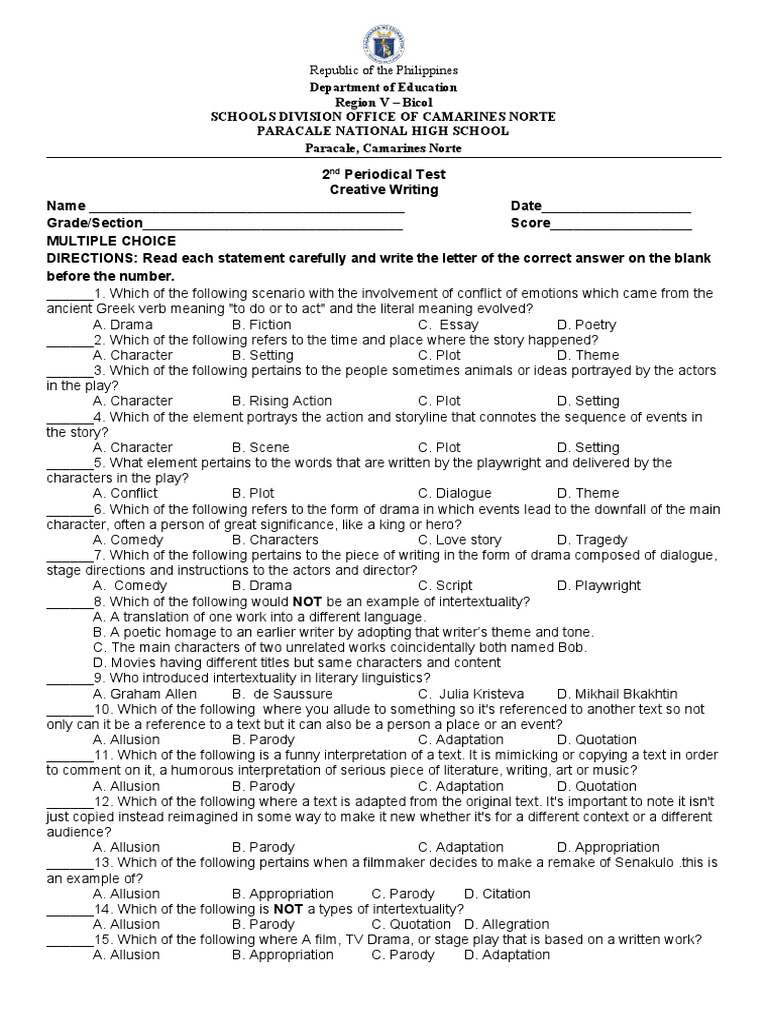 CW 2ND QT Exam | PDF | Play (Theatre) | Plot (Narrative)