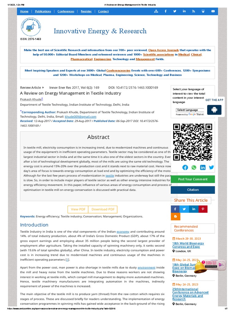 A Review On Energy Management in Textile Industry | PDF