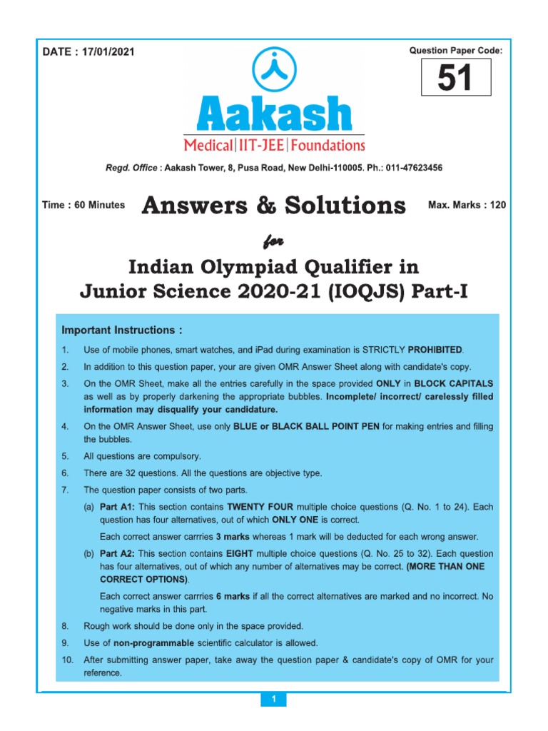 NSEJS 2020 Paper 1 Solutions by Aakash | PDF