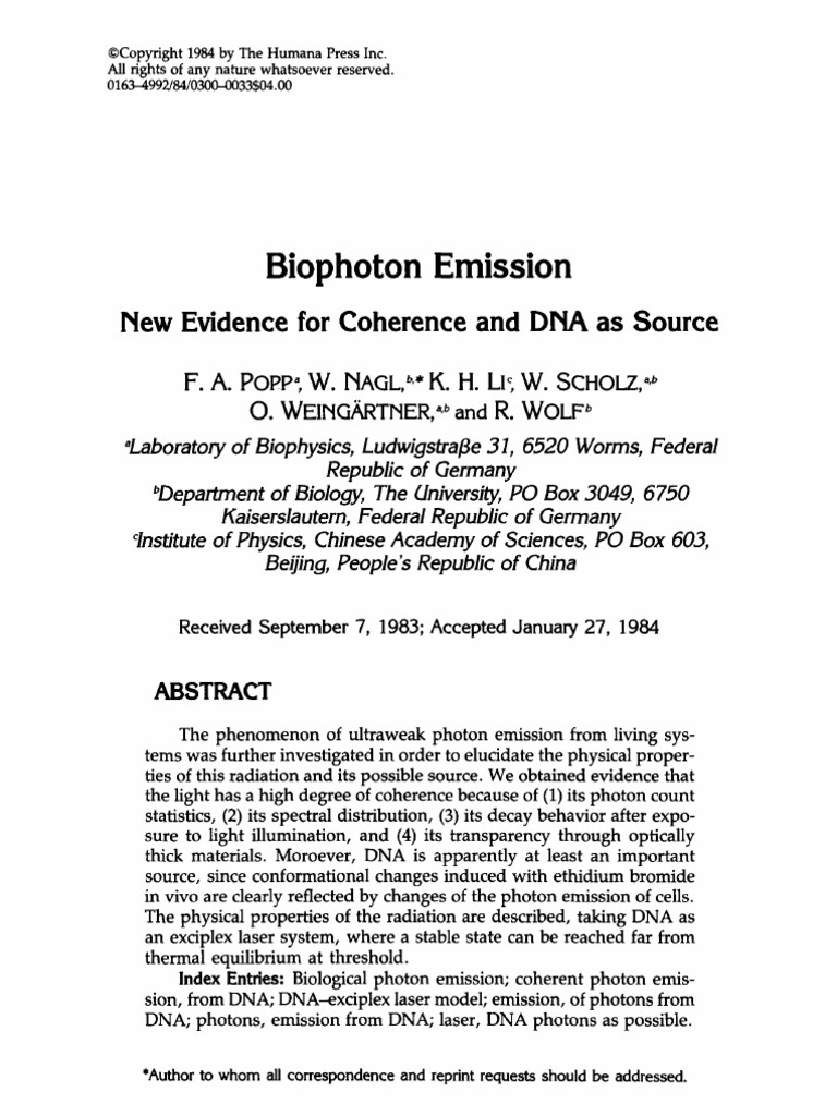 Biophoton Emission: New Evidence For Coherence and DNA As Source | PDF ...