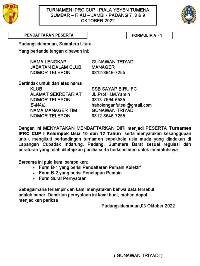 Pendaftaran SSB Sayap Biru FC IPRC CUP | PDF