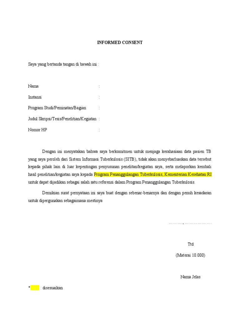 1.format Informed Consent Penggunaan Data TB - Final - Edit | PDF