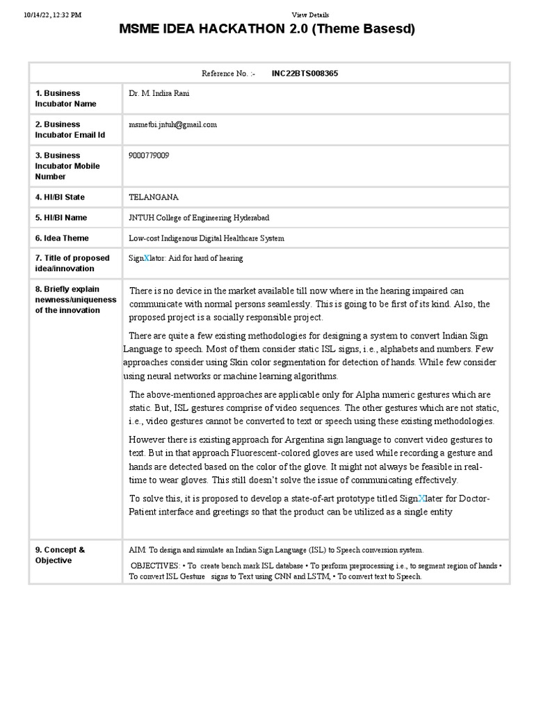 Msme Idea Hackathon Isl | PDF | Gesture | Cognitive Science