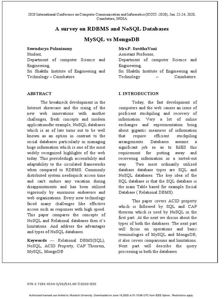 A Survey On Rdbms And Nosql Databases Mysql Vs Mongodb Pdf