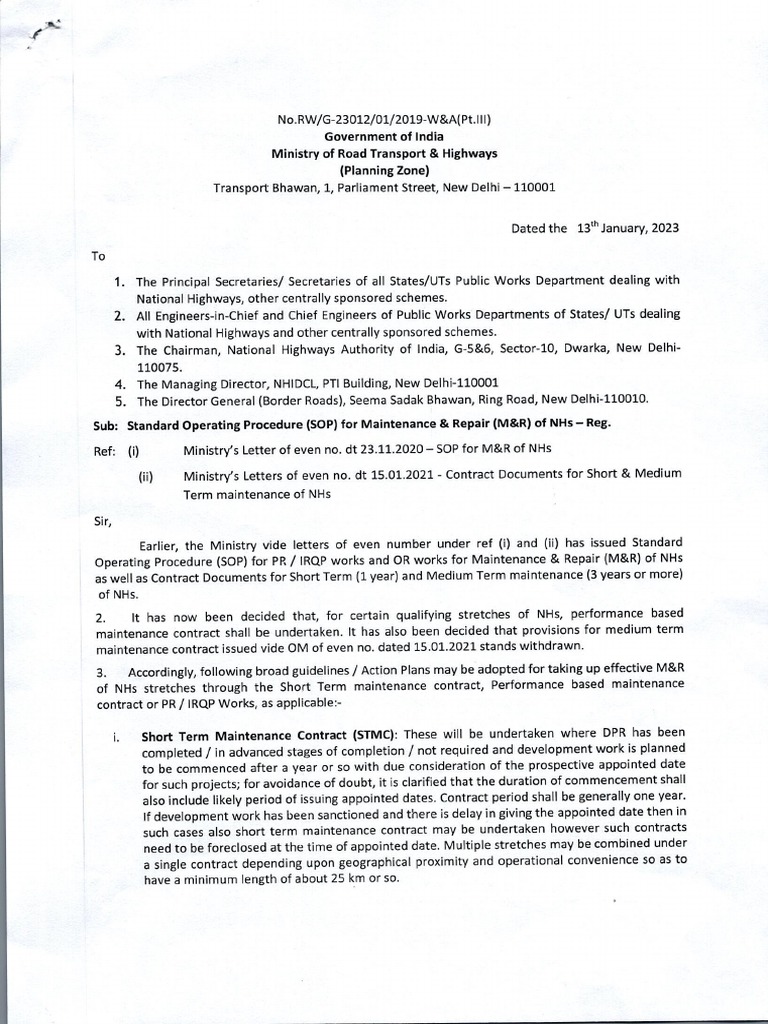2-1673610765 SOP For Maintenance & Repair (M&R) of NHs-reg 0001 | PDF