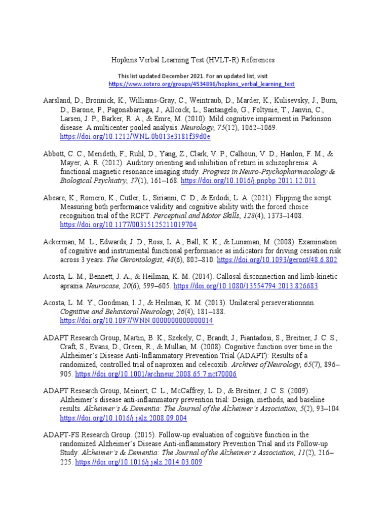 Hopkins Verbal Learning Test Hvlt R References Pdf Dementia
