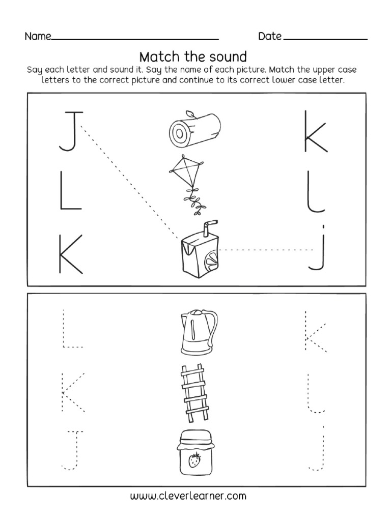 Letter Sound Matching Preschool Activity Worksheet J K L 5 | PDF