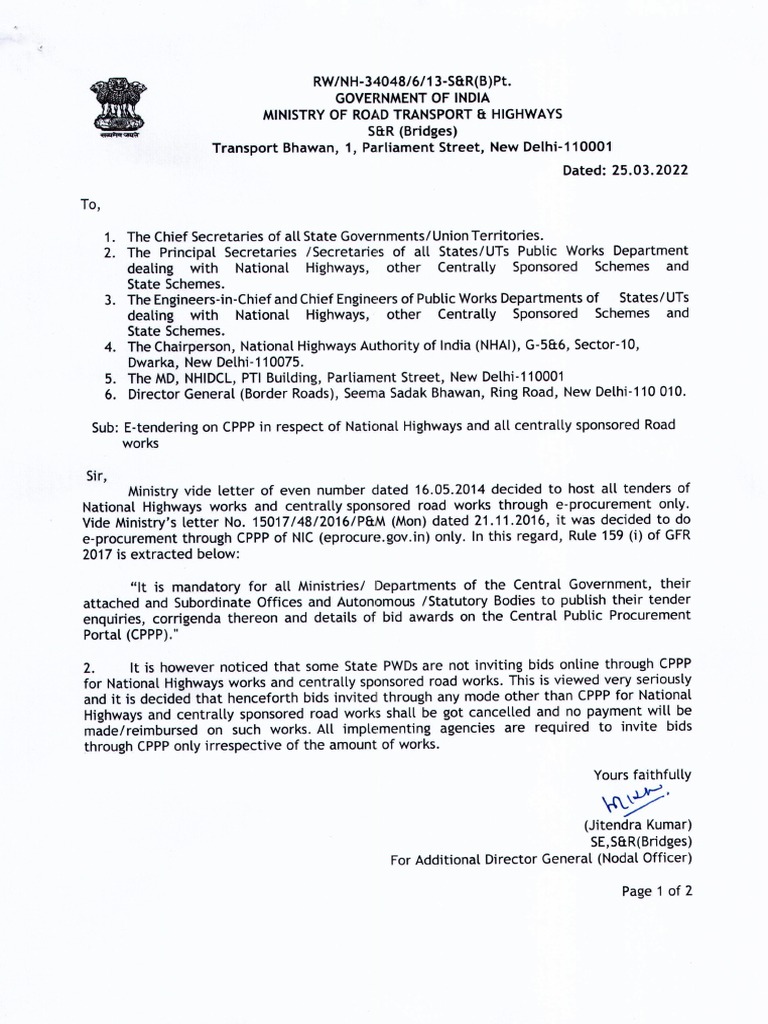 E-Tendering On CPPP in Respect of National Highways and All Centrally ...