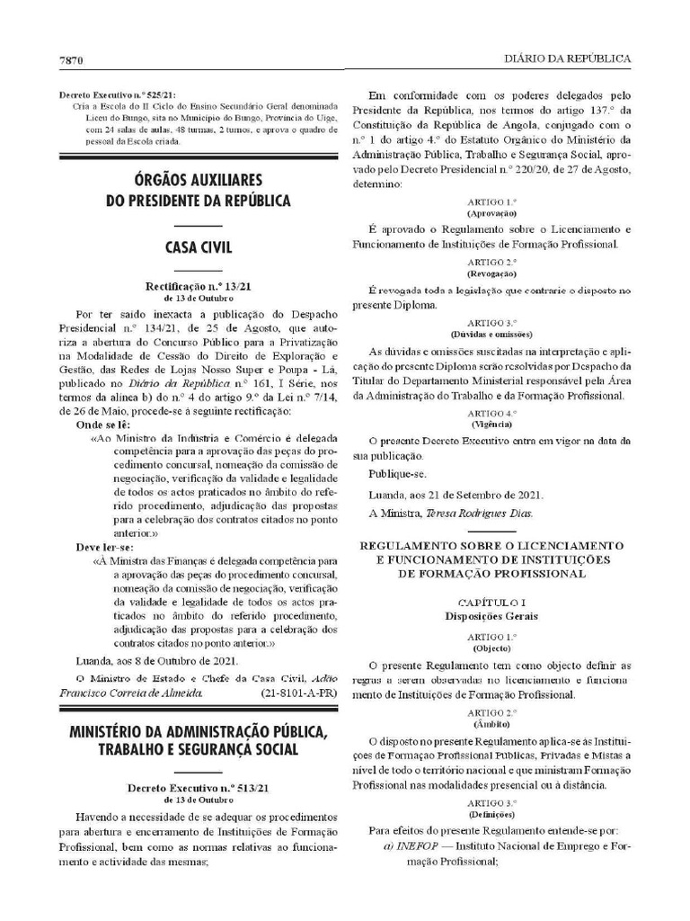 Decreto Executivo N.º 513.21 de 13 de Outubro - Aprova o Regulamento Sobre o Licenciamento e ...