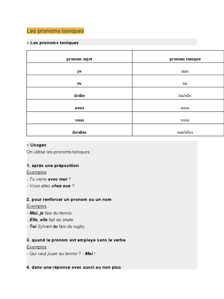 Usages des Pronoms Toniques en Français | PDF | Études des langues ...