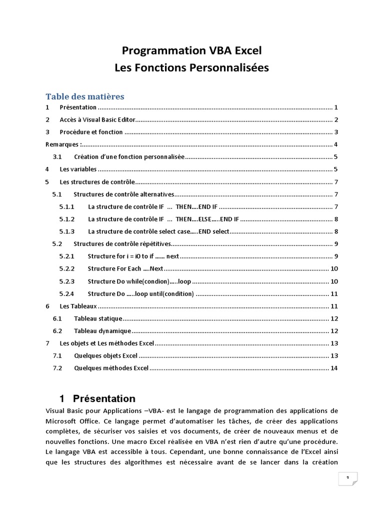 Support Cours VBA-Excel | PDF | Visual Basic for Applications | Structure de contrôle
