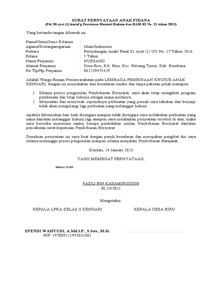 Surat Pernyataan Narapidana | PDF