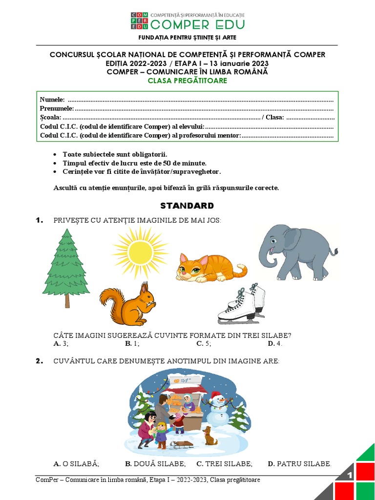 Subiect Comper Romana EtapaI 2022 2023 Clasa0 | PDF