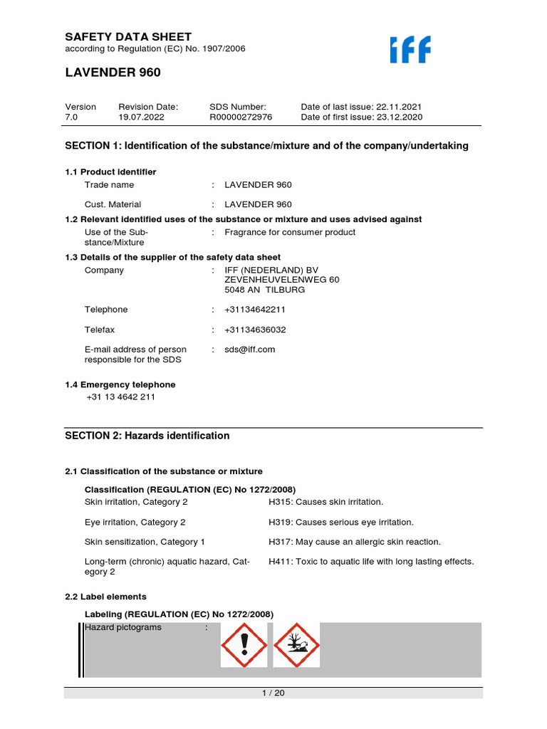 LAVENDER 960 - EU SDS - 25oct2022 - 2161200 | PDF | Chemistry ...