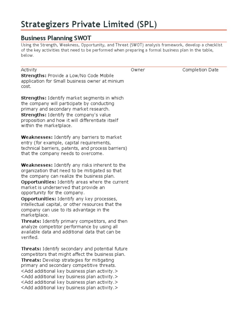 Business Plan Checklist With SWOT Analysis1 | PDF