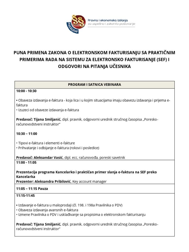 Vebinar Za Ekonomiste Beograd Efakture Rad Na Sef | PDF