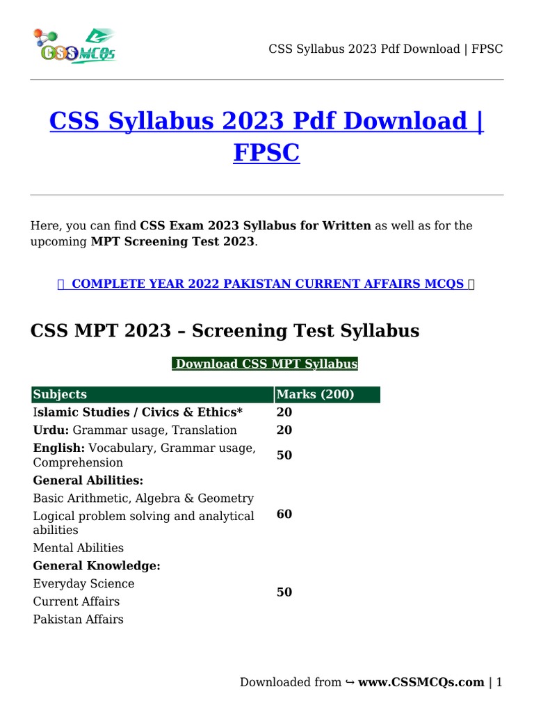 CSS Syllabus 2023 PDF Download - FPSC | PDF | Science | Urdu