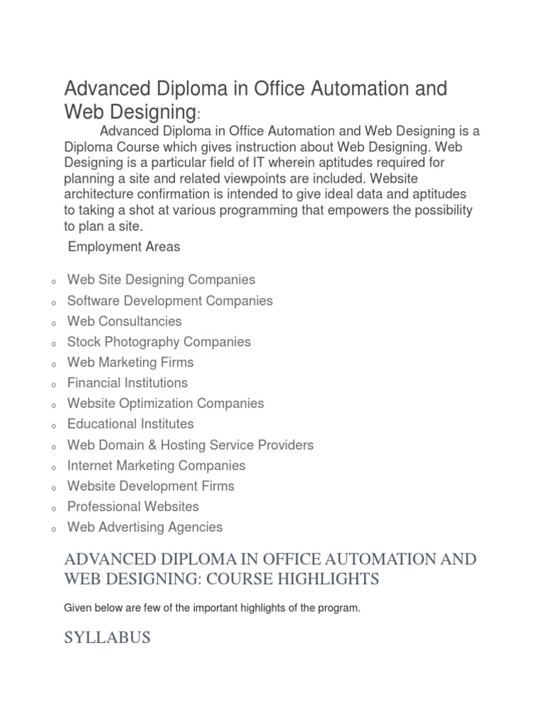 Advanced Diploma in Office Automation and Web Designing | PDF