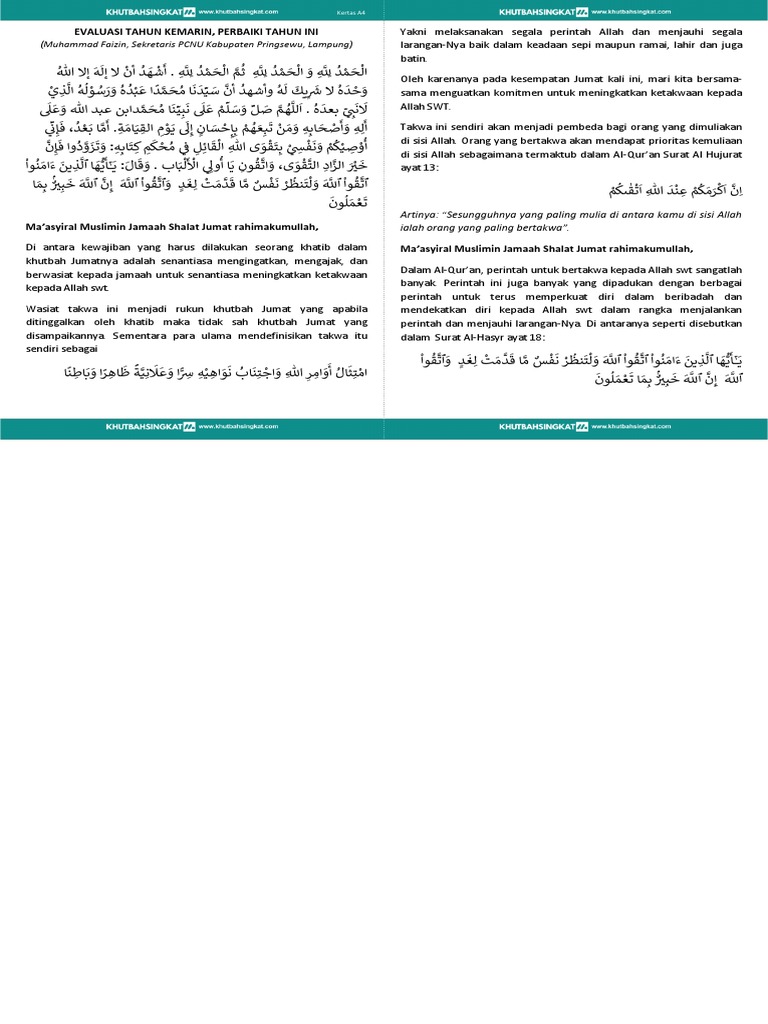 Khutbah Jum'at Bahasa Indonesia - Evaluasi Tahun Kemarin, Perbaiki Tahun Ini | PDF