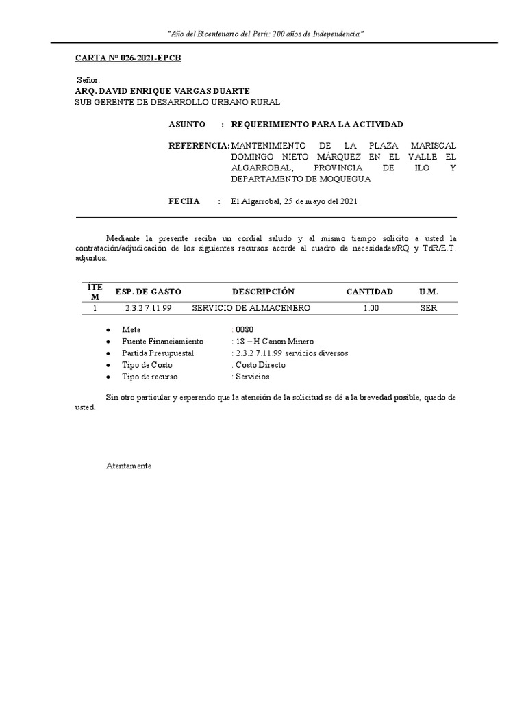 CARTA N°026-EPCB REQ Almacenera Junio | PDF | Perú