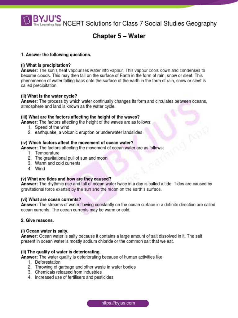 Ncert Class 7 Social Studies Solutions Geography Chapter 5 Water | PDF ...