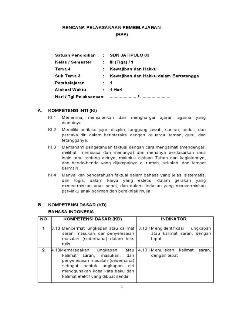 RPP K3 Tema 4 ST 3 | PDF